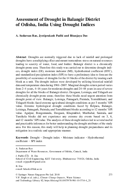 (PDF) Assessment of Drought in Balangir District of Odisha, India Using Drought Indices