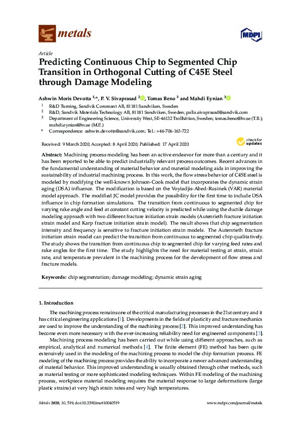 (PDF) Predicting Continuous Chip to Segmented Chip Transition in ...