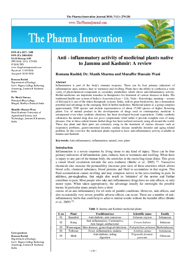 (PDF) Anti - inflammatory activity of medicinal plants native to Jammu ...