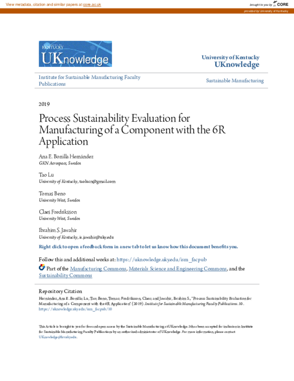 (PDF) Process sustainability evaluation for manufacturing of a ...