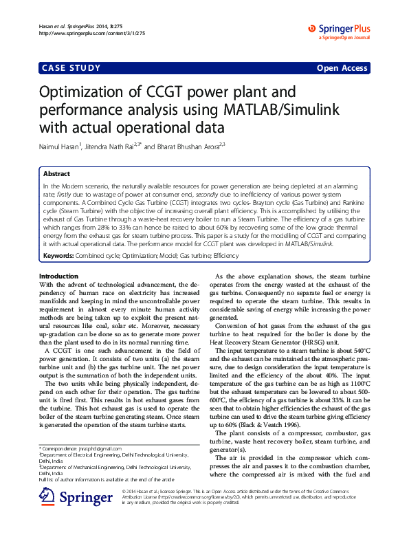 (PDF) Optimization of CCGT power plant and performance analysis using MATLAB/Simulink with ...