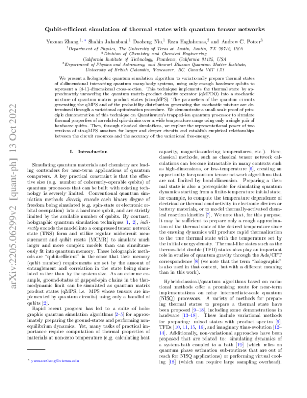 (PDF) Qubit-efficient simulation of thermal states with quantum tensor ...