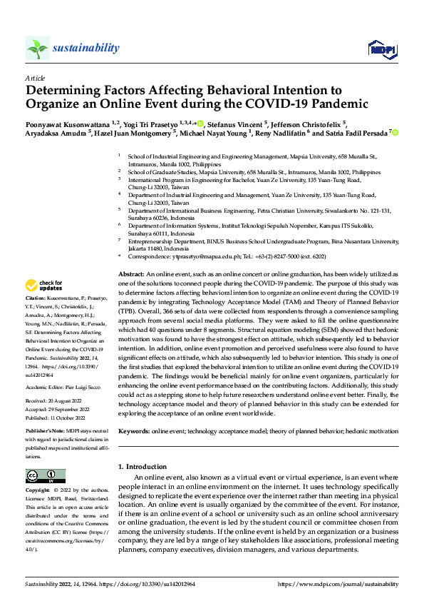 Pdf Determining Factors Affecting Behavioral Intention To Organize An