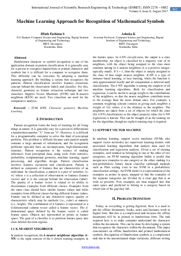 (PDF) Machine Learning Approach for Recognition of Mathematical Symbols
