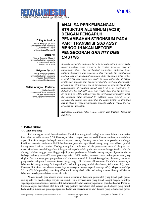 (PDF) Analisa Perkembangan Struktur Aluminum (AC2B) dengan Pengaruh Penambahan Stronsium pada ...