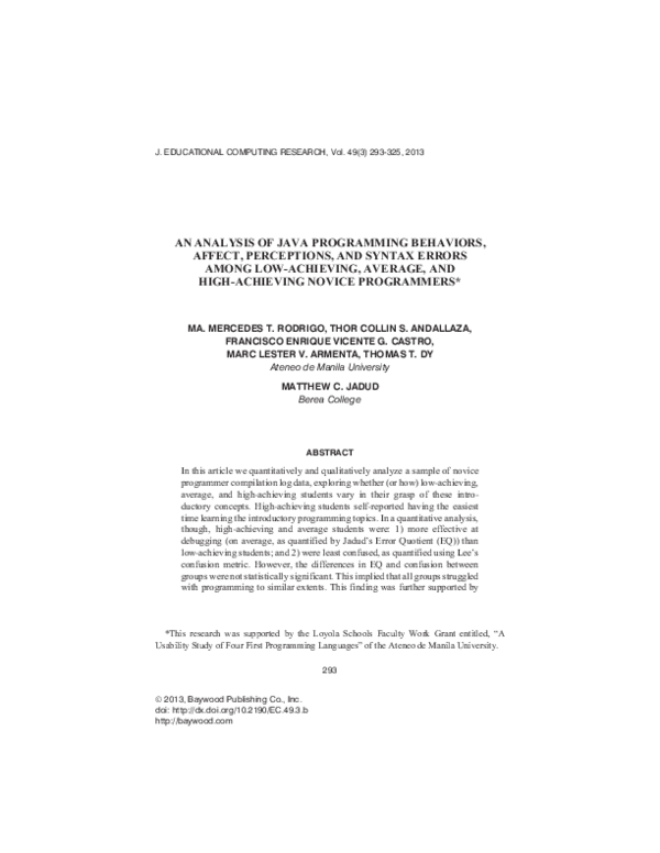 Pdf An Analysis Of Java Programming Behaviors Affect Perceptions And Syntax Errors Among