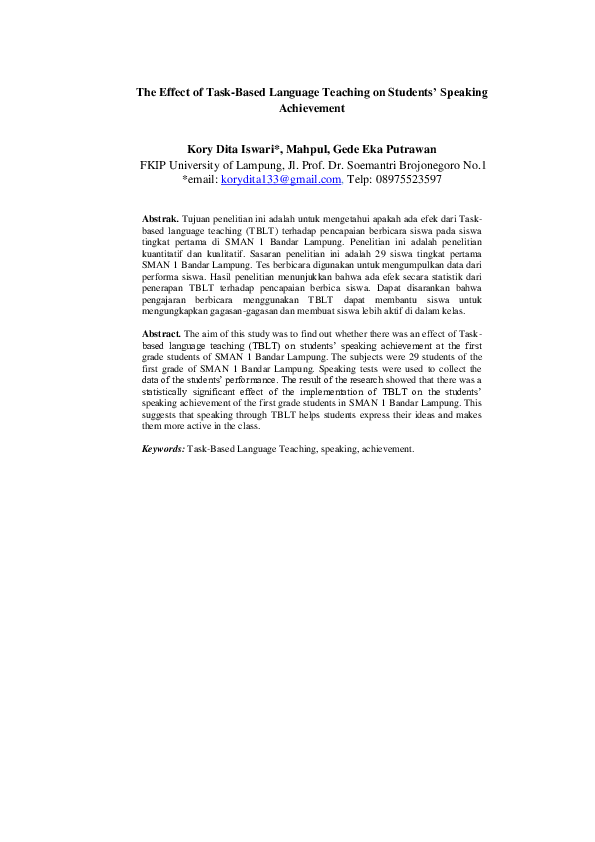 (PDF) The Effect of Task-Based Language Teaching on Students Speaking Achievement at the First ...