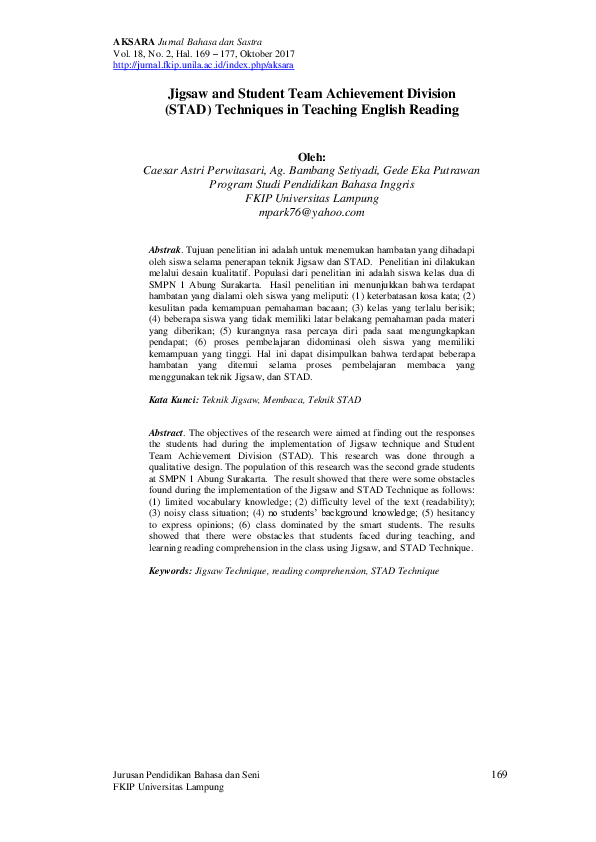 (PDF) Jigsaw and Student Team Achievement Division (STAD) Techniques in Teaching English Reading