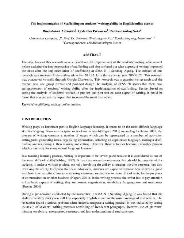 (PDF) The implementation of scaffolding on students’ writing ability in ...