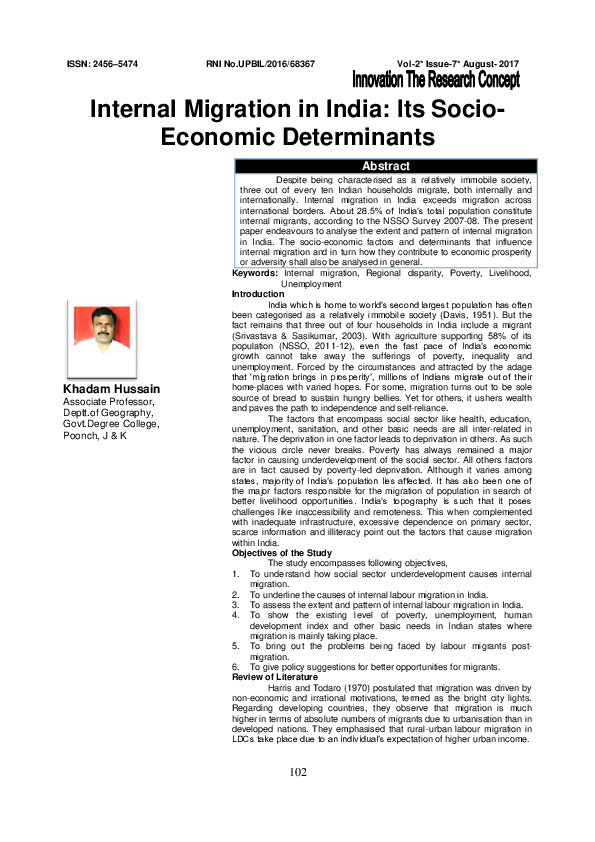 (PDF) Internal Migration in India: Its Socio-Economic Determinants