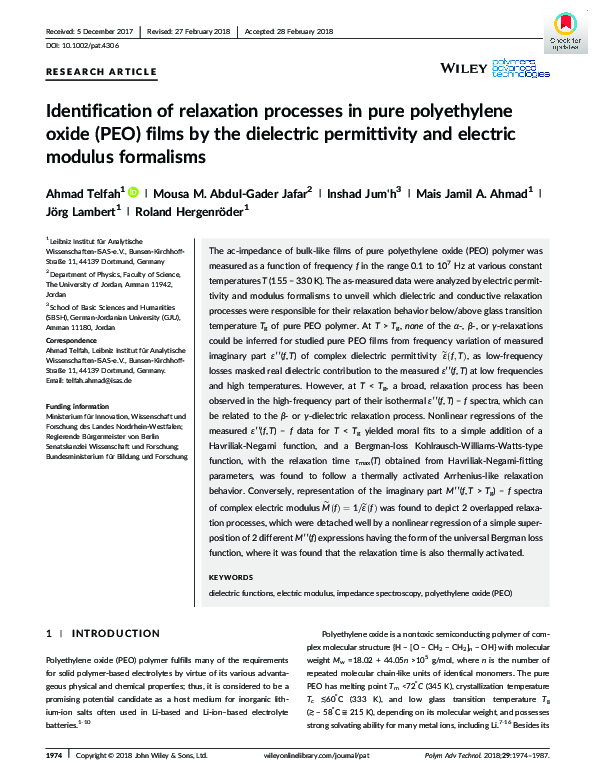 (PDF) Identification of relaxation processes in pure polyethylene oxide (PEO) films by the ...