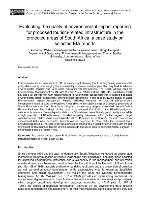 (PDF) Evaluating the quality of environmental impact reporting for proposed tourism-related ...