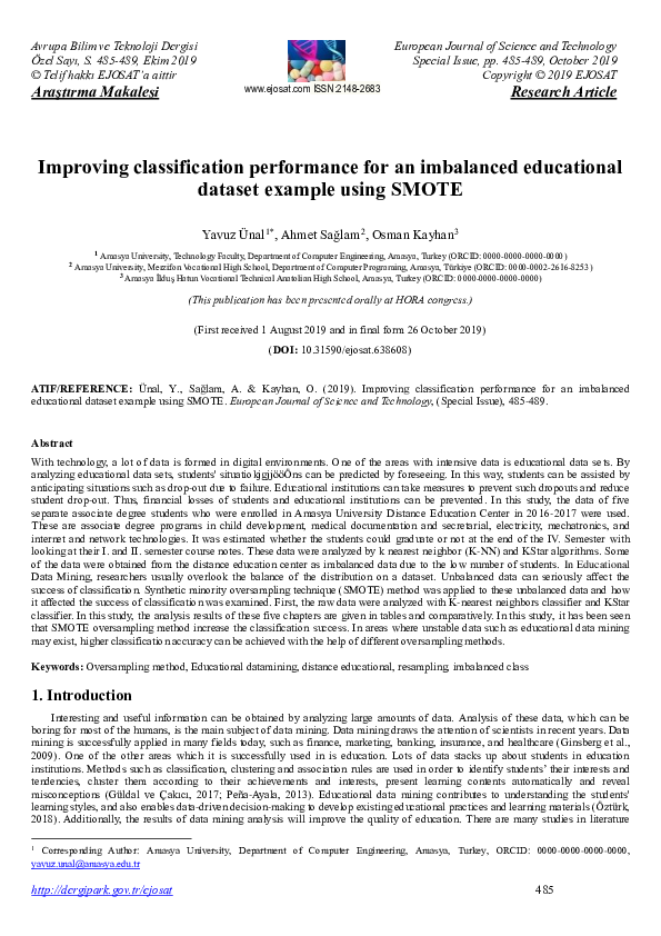 Pdf Improving Classification Performance For An Imbalanced Educational Dataset Example Using
