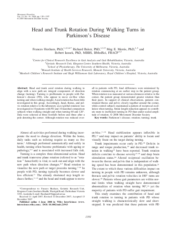 (PDF) Head and trunk rotation during walking turns in Parkinson's disease