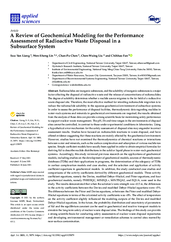 (PDF) A Review of Geochemical Modeling for the Performance Assessment of Radioactive Waste ...