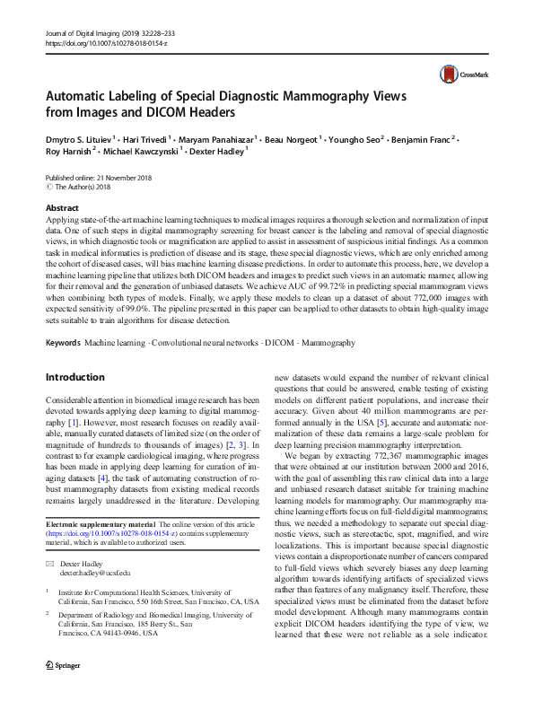 (PDF) Automatic Labeling of Special Diagnostic Mammography Views from ...