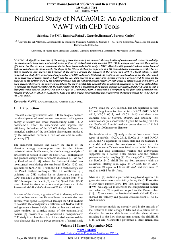 (PDF) Numerical Study of NACA0012: An Application of VAWT with CFD Tools