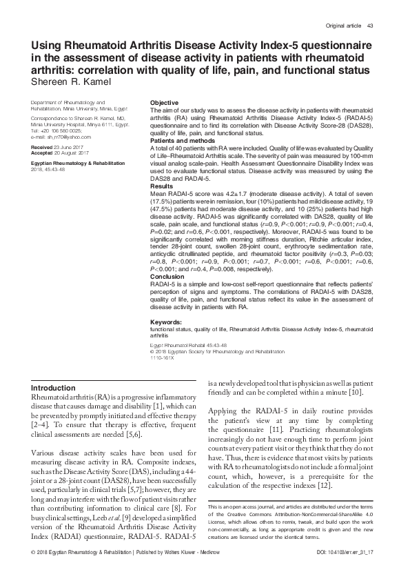 Pdf Using Rheumatoid Arthritis Disease Activity Index 5 Questionnaire