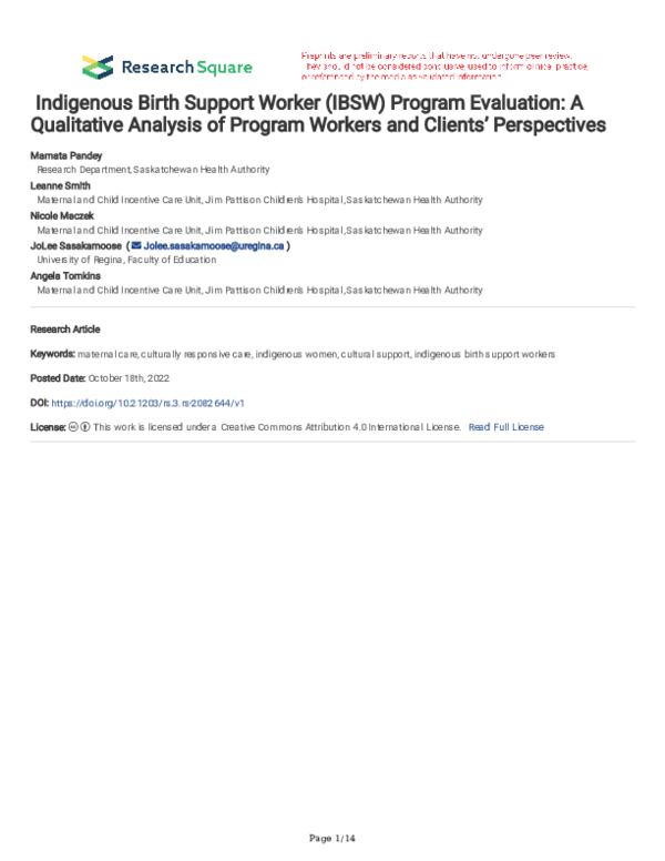 (PDF) Indigenous Birth Support Worker (IBSW) Program Evaluation: A ...