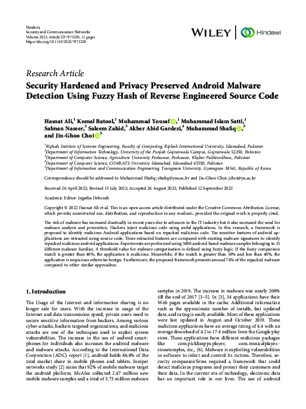 Pdf Security Hardened And Privacy Preserved Android Malware Detection Using Fuzzy Hash Of