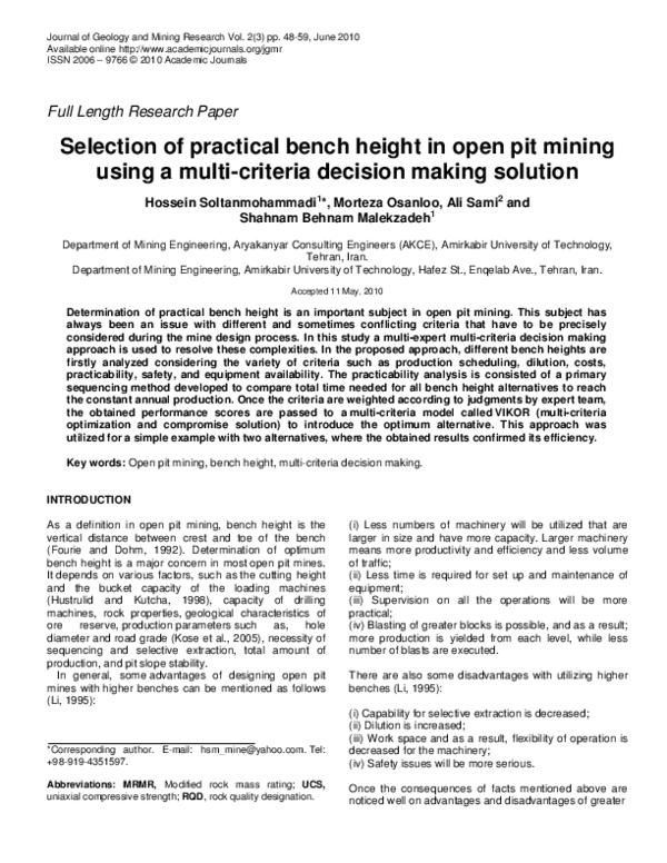 Pdf Selection Of Practical Bench Height In Open Pit Mining Using A Multi Criteria Decision