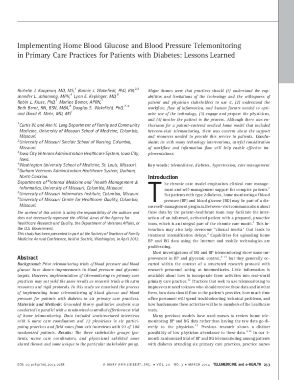 (PDF) Implementing Home Blood Glucose and Blood Pressure Telemonitoring in Primary Care ...