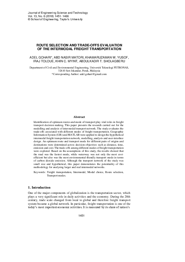Pdf Route Selection And Trade Offs Evaluation Of The Intermodal Freight Transportation