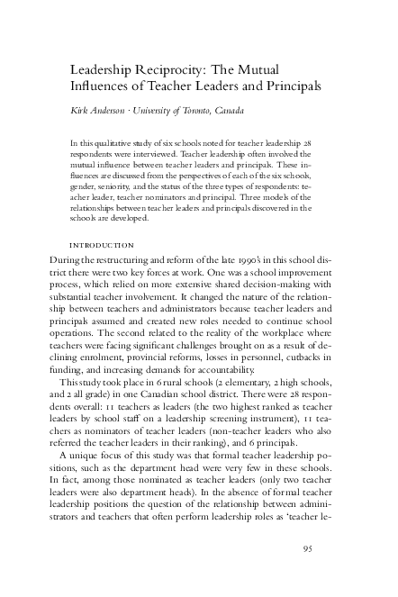 (PDF) Leadership Reciprocity: The Mutual Influences of Teacher Leaders ...