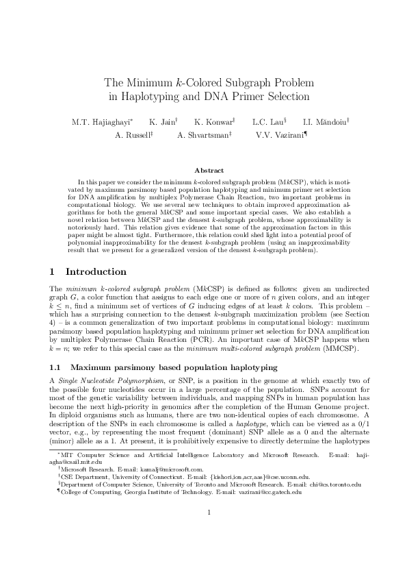 (PDF) The Minimum k-Colored Subgraph Problem in Haplotyping and PCR Primer Selection