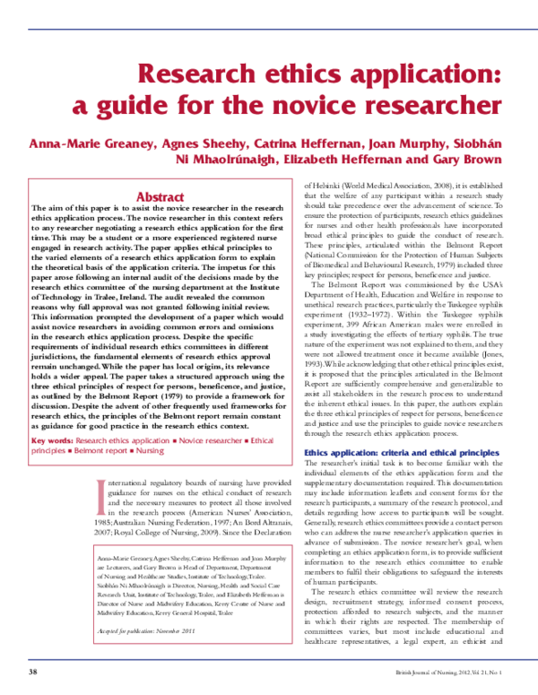 (PDF) Research ethics application: a guide for the novice researcher