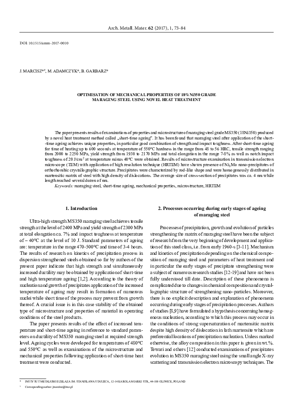 (PDF) Optimisation of Mechanical Properties of 18%Ni350 Grade Maraging ...