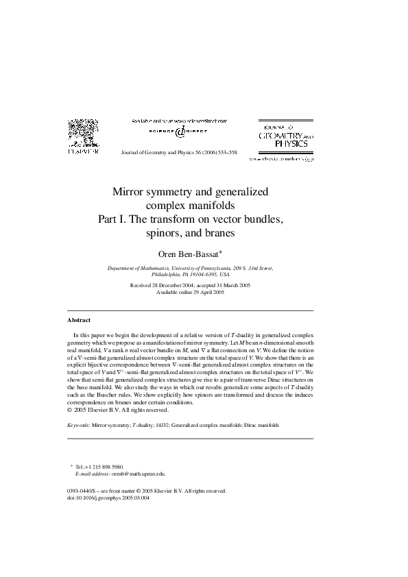 (PDF) Mirror symmetry and generalized complex manifolds Part I. The ...