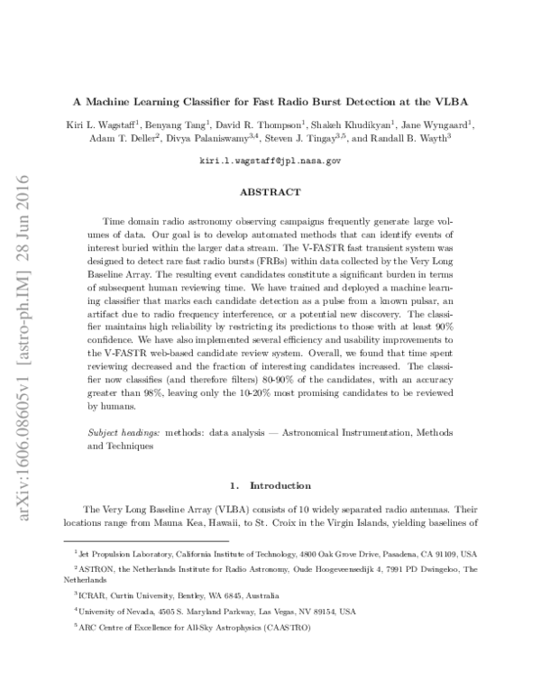 (PDF) A Machine Learning Classifier for Fast Radio Burst Detection at the VLBA | Benyang Tang ...