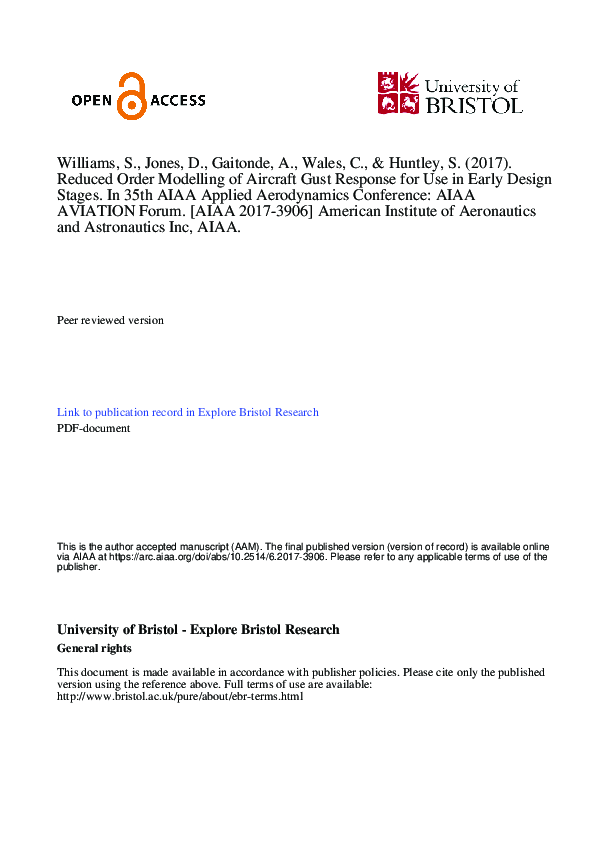 Pdf Reduced Order Modelling Of Aircraft Gust Response For Use In Early Design Stages