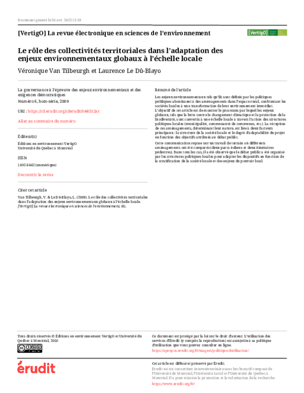(PDF) Le rôle des collectivités territoriales dans l’adaptation des ...