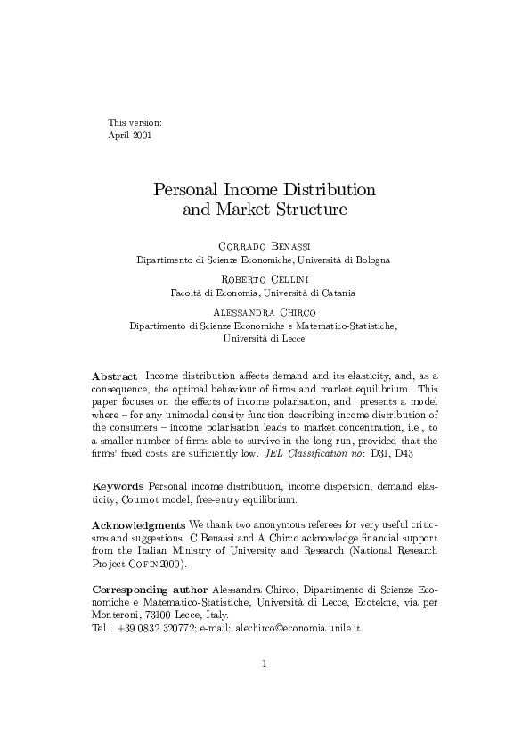 (PDF) Personal Income Distribution and Market Structure