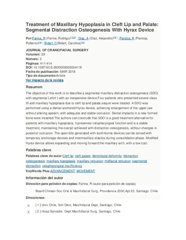 (PDF) Treatment of Maxillary Hypoplasia in Cleft Lip and Palate: Segmental Distraction ...