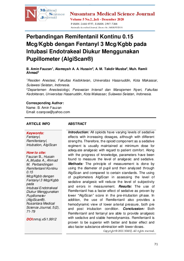 (PDF) Perbandingan Remifentanil Kontinu 0.15 Mcg/Kgbb dengan Fentanyl 3 ...