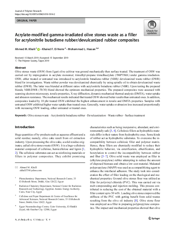 (PDF) Acrylate-modified gamma-irradiated olive stones waste as a filler ...