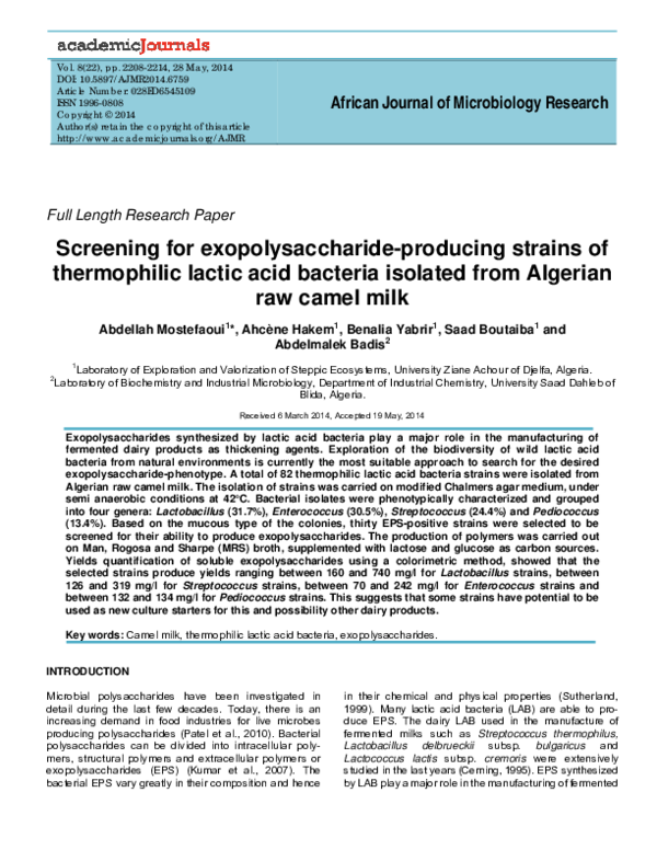 (PDF) Screening for exopolysaccharide-producing strains of thermophilic lactic acid bacteria ...