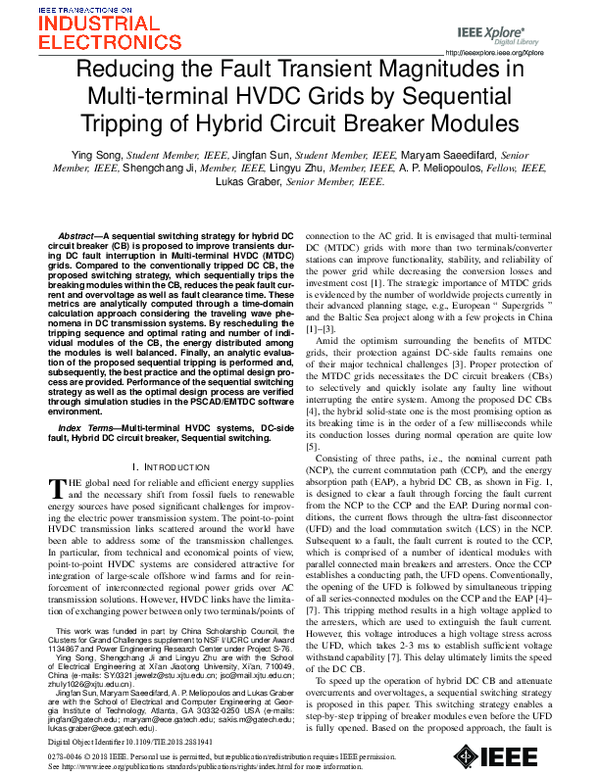 (PDF) Reducing the Fault-Transient Magnitudes in Multiterminal HVdc Grids by Sequential Tripping ...