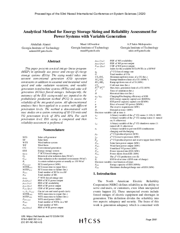 (PDF) Analytical Method for Energy Storage Sizing and Reliability Assessment for Power Systems ...