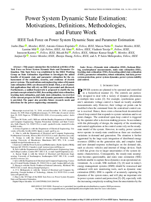 Pdf Power System Dynamic State Estimation Motivations Definitions Methodologies And Future