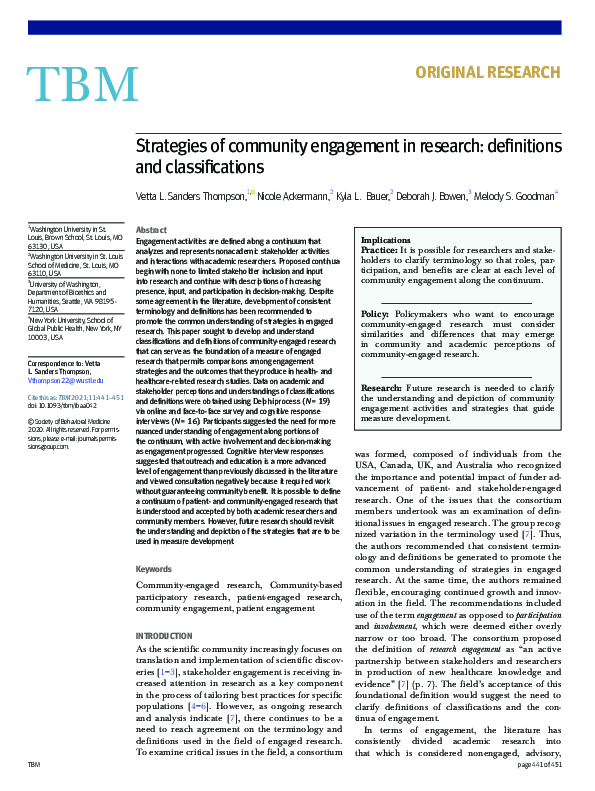 (PDF) Strategies of community engagement in research: definitions and ...