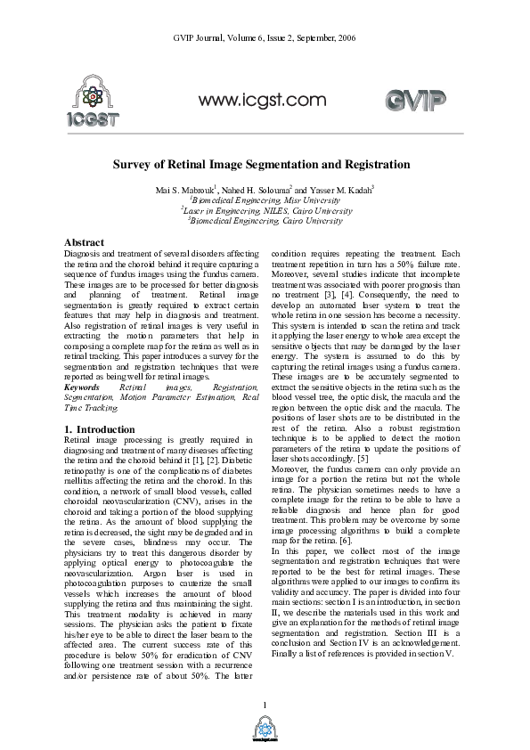 (PDF) Survey of retinal image segmentation and registration