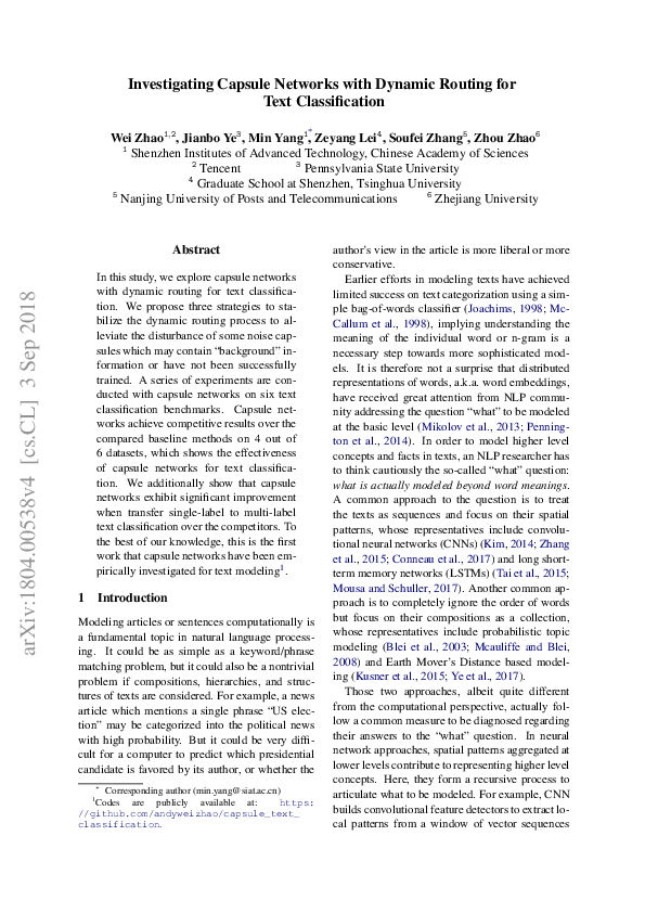 Pdf Investigating Capsule Networks With Dynamic Routing For Text Classification