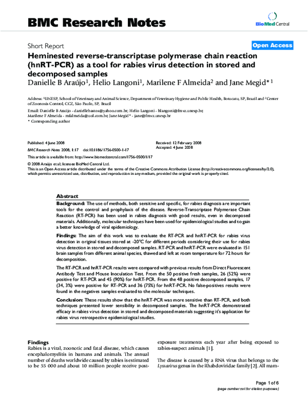 (PDF) Heminested reverse-transcriptase polymerase chain reaction (hnRT-PCR) as a tool for rabies ...