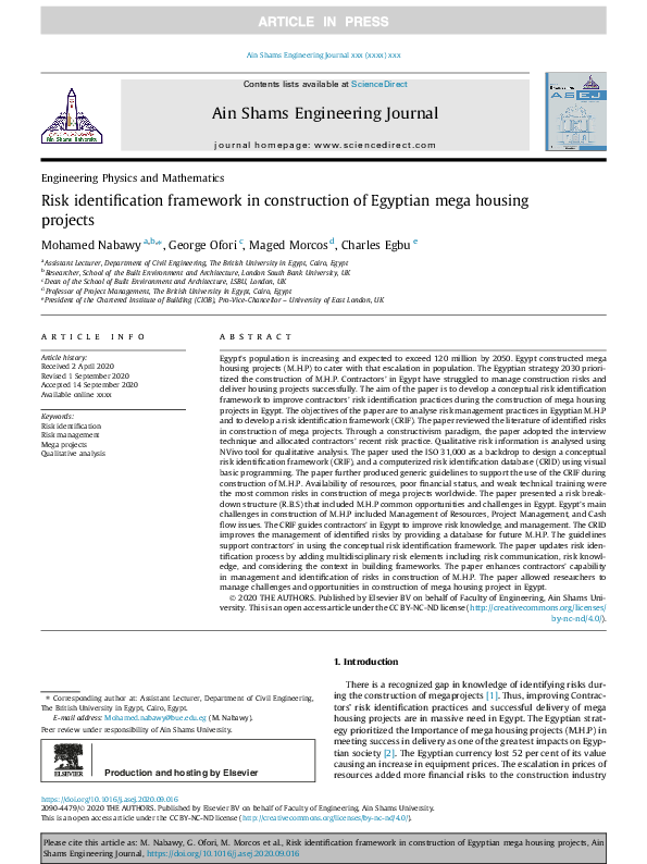 (PDF) Risk identification framework in construction of Egyptian mega ...