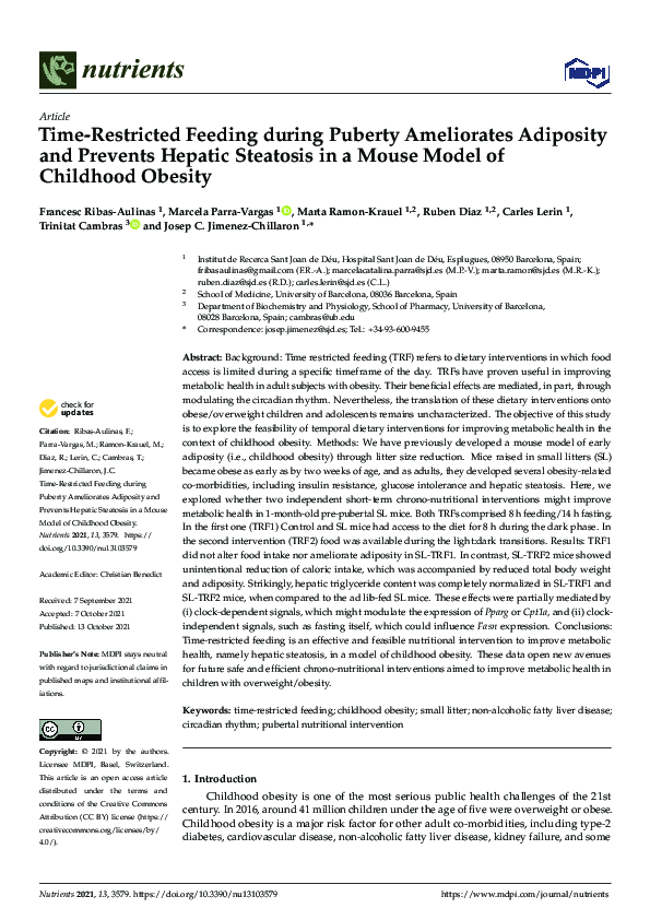 (PDF) Time-Restricted Feeding during Puberty Ameliorates Adiposity and ...