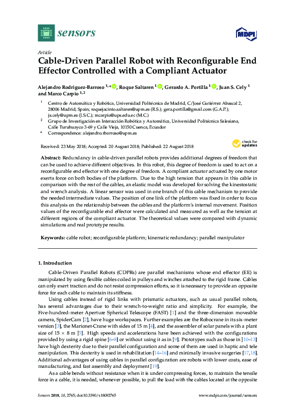 Pdf Cable Driven Parallel Robot With Reconfigurable End Effector Controlled With A Compliant